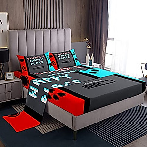 Gamer Sheet Set King Size Video Game Gamepad Bed Sheets Set Bedroom Novelty Modern Game Controller Decor Sheets with Deep Pocket Fitted Sheet Women Men Game Room Decor Bedding Set With 2 Pillow Case