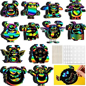 Lincia 60 Pcs Monster Scratch Cards for Kids Rainbow Scratch Paper Art Monster Kids Crafts for Girls Boys Birthday Supplies Home Decoration, 12 Styles, Kids Monster Party Gift