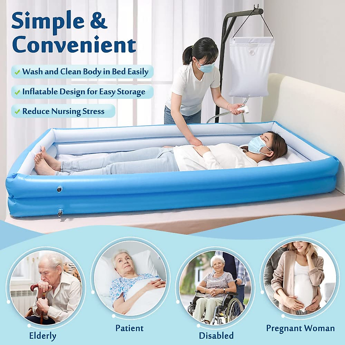 Medical Inflatable Bathtub Portable Shower for Elderly and Disabled Bed Bathing Aids Blow Up Bathtub Adult Bedridden Patients Full Body Bed Shower Inflatable Tub Home Care Handicap Bed Accessories