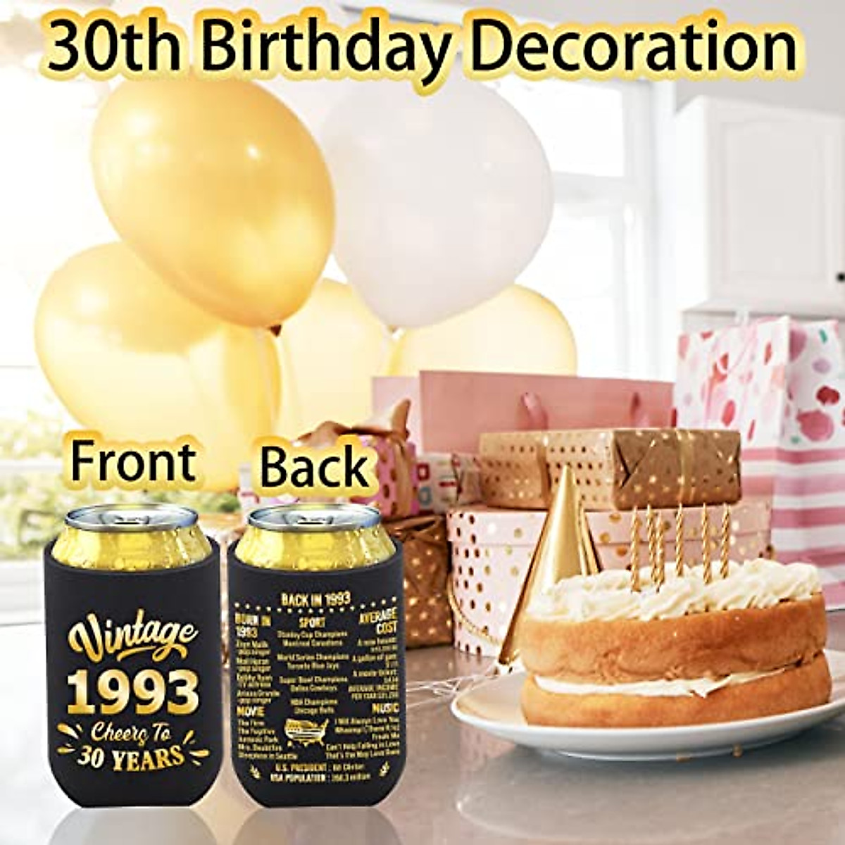 BdayPtion 30th Birthday Decorations for Men Women, 30th Party Decorations, 30 Year Old Bday Party Supplies, Thirty Birthday Present, Black and Gold Pack of 12 Can Cooler Sleeves