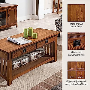 Leick Home 8204 Mission Impeccable Coffee Table for Living Room, Two Drawers and Shelf, Made with Solid Wood, Medium Oak Finish