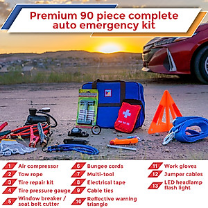 FIRST SECURE 90 Piece Car Emergency Roadside Kit Tool Set w/Safety Kit for Women & Men - Essential Safety & Survival Assistance Kit for Travel, Camping, Road Trip, Truck, SUV