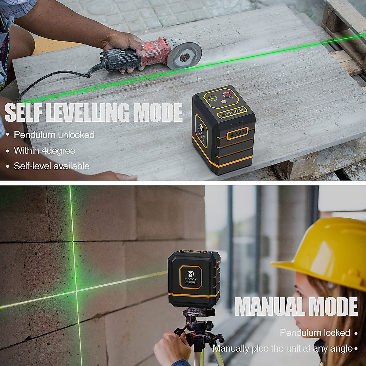 MOOCK Laser Level with Self Leveling & Manual Mode, 100ft High Visibility Green Beam Lazer Leveler Tool Horizontal, Vertical, Cross Line Laser for Picture Hanging, Construction, 360° Magnetic Base