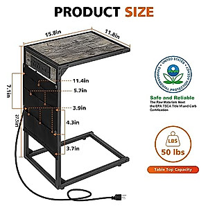 Set of 2 C Shaped End Table with Charging Station, Snack Side Table, C Tables for Couch, Couch Tables That Slide Under, for Living Room, Bedroom, Gray