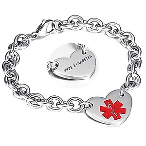 LF 316L Stainless Steel TYPE 2 DIABETES Engraved Medical Alert Heart Charm Link Bracelet Rolo Chain Medic ID Bracelets Monitoring Awareness for Womens for Outdoor Emergency