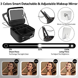 MOMIRA Travel Makeup Bag Cosmetic Bag with Lighted Mirror, Adjustable Brightness in 3 Color Scenarios, Waterproof, 10x Magnifying Mirror, Rotatable Independent Light Mirror- Black(Solid)