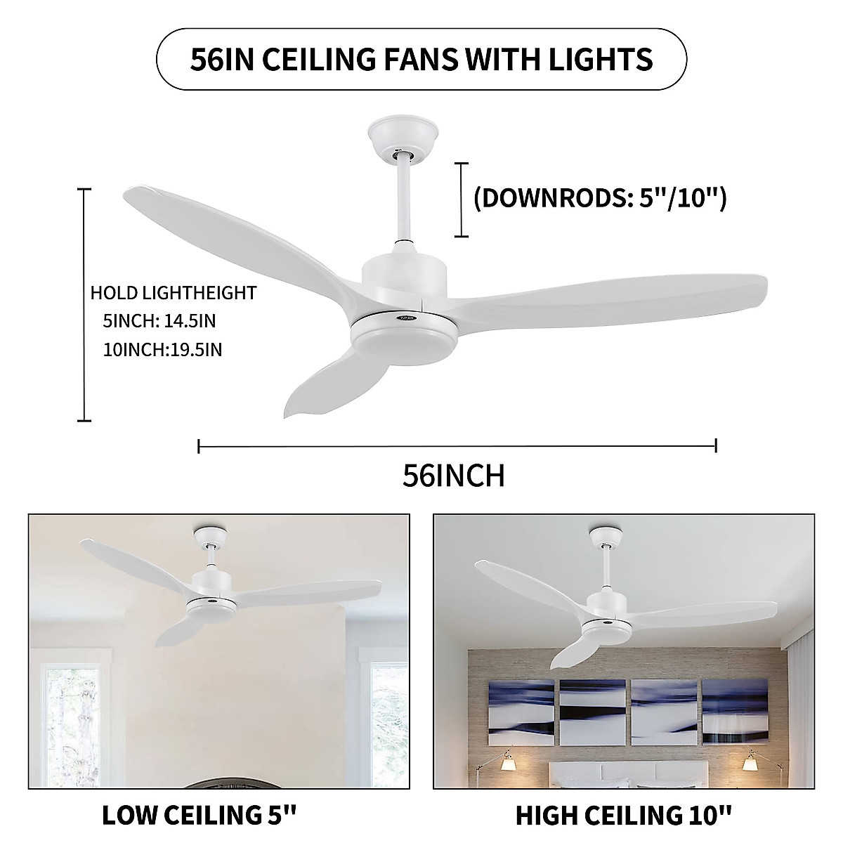YJFAN 56 Inch Ceiling Fans with Lights, Modern White Ceiling Fan with Remote Control, Reversible Quiet DC Motor, Indoor Outdoor Ceiling Fan Light for Living Room,Patios,Farmhouse