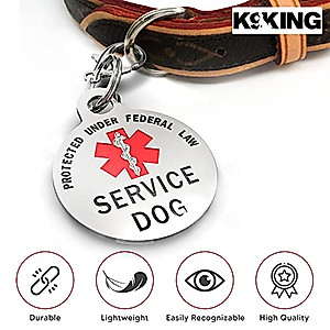 K9King Service Dog Tag Double Sided Federal Protection with Red Medical Alert Symbol Pet ID Tags 1.25 inch. Easily Attach to Collar Harness Vest Dog Service Tag