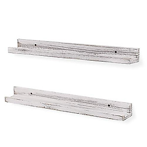 Rustic State Ted Wall Mount Picture Ledge Photo Frame Display - 24 Inch Floating Wood Shelves for Living Room Office Kitchen Bedroom Bathroom Décor Storage - Distressed White - Set of 2