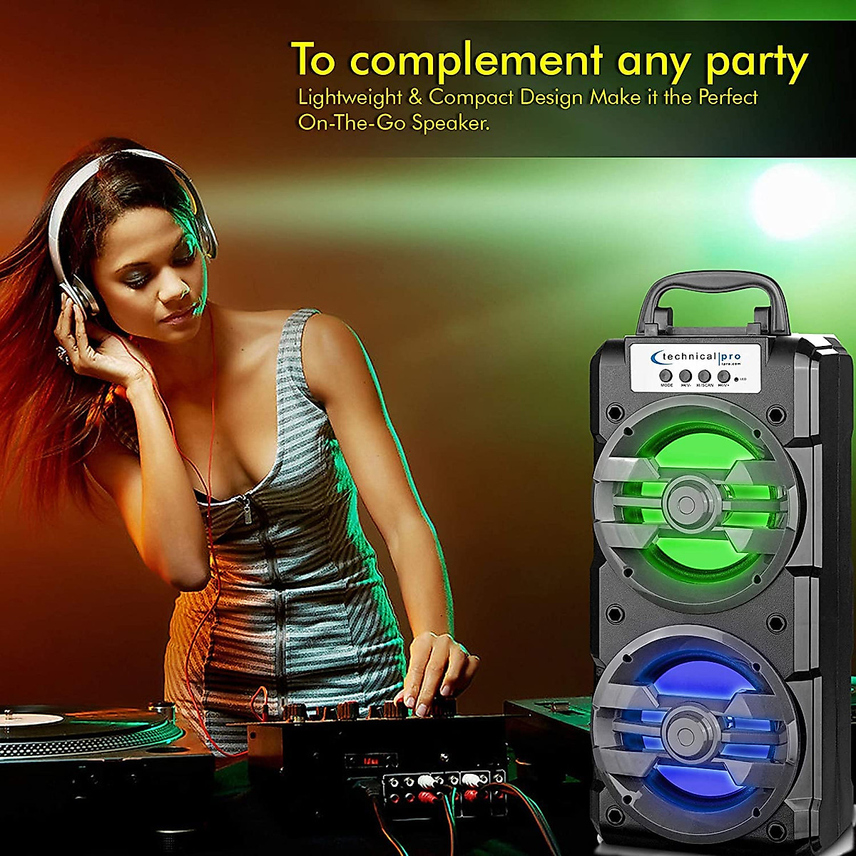 Technical Pro (QTY 3) Rechargeable LED Bluetooth Speaker with USB, SD card, FM Radio, Perfect Travel Comfortable Portable Speaker with Carry handle, 2 Dual 4" (10.2cm) Subwoofers