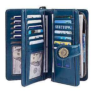 INSIFEEL Women's Wallets Large Capacity with RFID Protection Genuine Leather Wristlet Purse (Navy Blue)