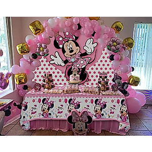Pink Mouse Backdrop and Mouse Tablecloth for Girls Birthday Party Decorations Mouse Birthday Party Photography Background Banner with Table Covers for Girls Baby Shower Party Supplies (6x4ft)