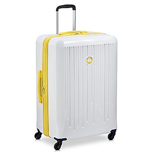 DELSEY Paris Christine Hardside Expandable Luggage with Spinner Wheels, White with Yellow Trim, Checked-Large 28 Inch