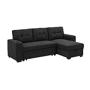 Partner Furniture Upholstery Polyester Blend Fabric Convertible Sectional Sleeper Sofa with Cup Holders in Black