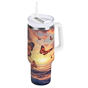 Slewiaeky Cute Animal Butterfly 40 oz Tumbler with Handle Straw and Lid Sunshine Stainless Steel Vacuum Insulated Reusable Water Bottle Glasses Travel Mug Thermal Cup for Home Office Car