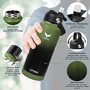 Vmini Water Bottle with Straw, Insulated Water Bottle with Straw and Boot, Stainless Steel Water Bottle for Sports and Travel - Insulated Thermos for Men, Women & Kids (32 oz Olive Green/Black)