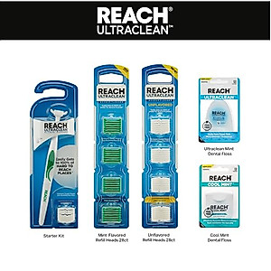 REACH Ultraclean Access Flosser Starter Kit, Unflavored, Plaque Remover for Teeth, for Hard to Reach Areas, Oral Care, PFAS Free, 1 Replaceable Flosser & 8 Refill Heads, 1 Pack