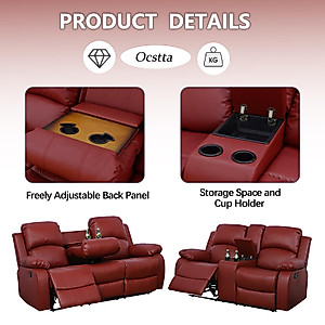 Ocstta Manual Leather Recliner Sofa Set for Living Room Furniture Set,Leather Recliner Couch Set for Home/Office,Leather Reclining Sofa Set for 3-Pieces(Sofa+Loveseat+Chair) Red