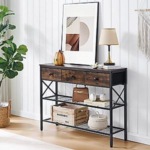 FAVOOSTY Narrow Console Table with 3 Fabric Drawers-39.8" Industrial Entryway Table with 3-Tier Storage Shelves, Thin Sofa Table for Living Room, Hallway, Entry Way, Foyer, Kitchen, Rustic Brown&Black
