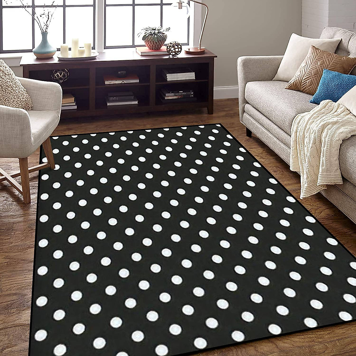 EPONGEKIT Area Rug Non-Slip Floor Mat Black and White Seamless Polka dot Pattern Indoor Outdoor Living Room Kids Room Bedroom Carpet Runner Rug Home Decor Doormat Yoga Mat Patio Mat, 47x63inch