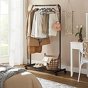 SONGMICS Rolling Clothes Rack and 30-Pack Velvet Hangers Bundle, Garment Rack with Wheels and a Mesh Shelf, Non-Slip Coat Pants Hangers with Adjustable Clips, Black UHSR25BK and UCRF12B30