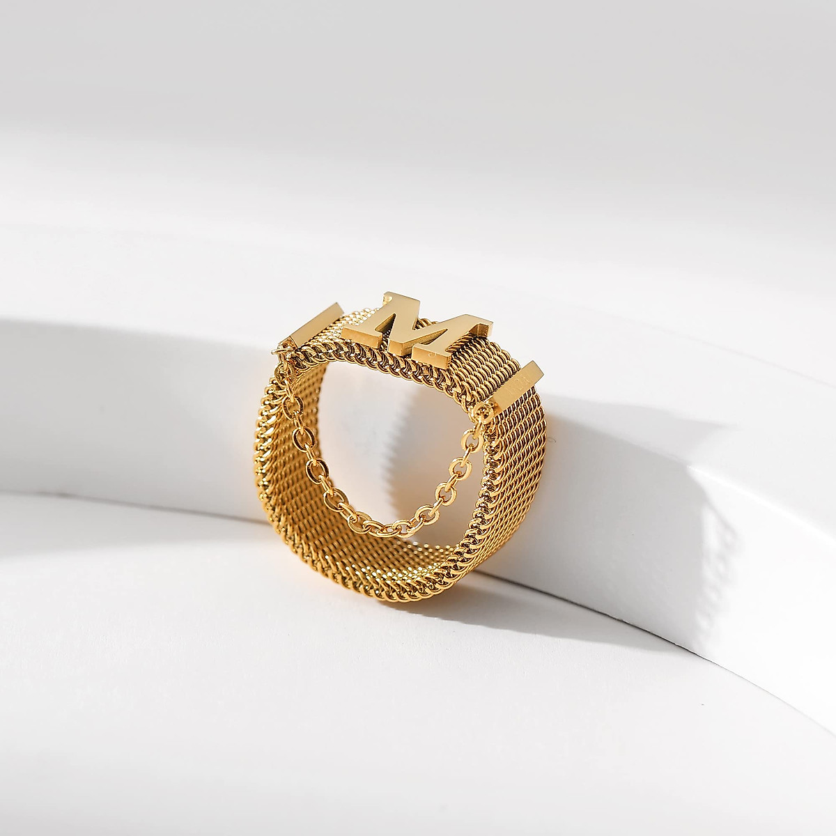 Yumikoo Golden Hip Hop Chain Rings Titanium Stainless Steel Rings for Women Size8