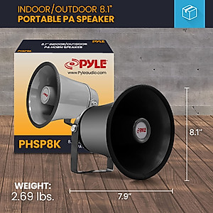 Pyle Indoor / Outdoor PA Horn Speaker - 8.1” Portable PA Speaker with 8 Ohms Impedance & 50 Watts Peak Power - Mounting Bracket & Hardware Included - Pyle PHSP8K,Grey
