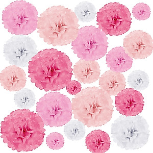 Zhanmai 52 Pieces Tissue Paper Pompoms Decorations Pink Paper Pom Poms Flower Ball for Valentine's Day Wedding Boho Birthday Baby Shower Bridal Bachelorette Party Hanging Decor, Assorted Sizes