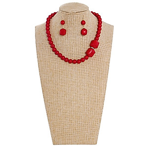 Coiris Chunky Acrylic Beads Strand Necklaces Set,Statement Geometric Beads Necklace Earrings,Acrylic African Beaded Necklace for Accessory Jewelry(N0109+ER-Red0