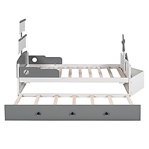 Harper & Bright Designs Kids Twin Bed with Trundle and Storage, Solid Wood Boat-Shaped Platform Bed Frame, No Box Spring Needed, for Girls Boys Bedroom (Twin Size, Gray)