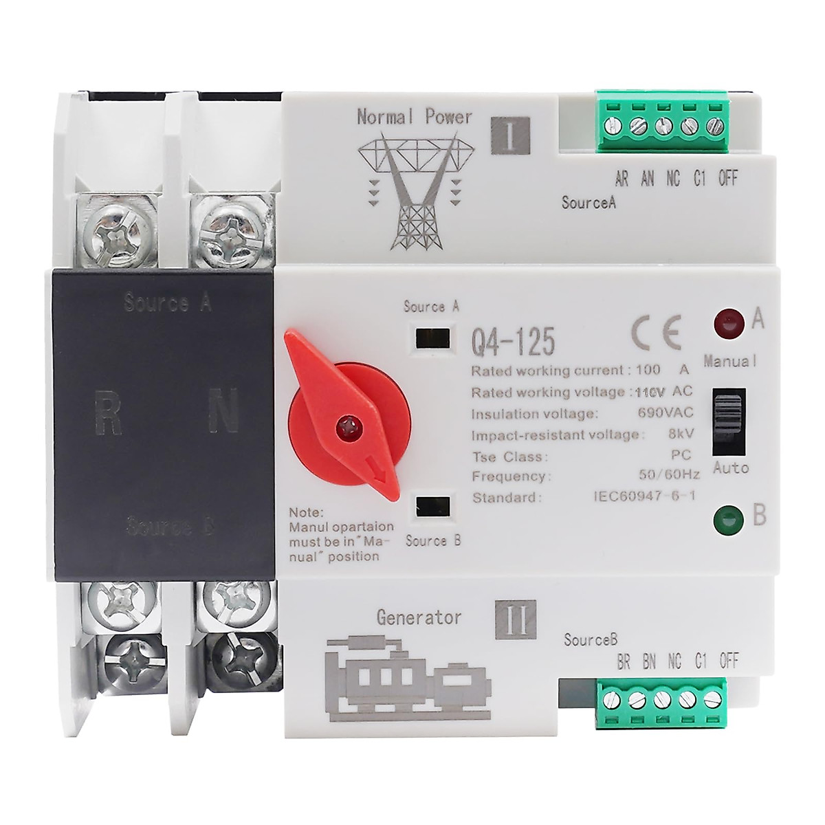 Mini 2P 100A 110V Dual Power Automatic Transfer Switch Generator Changeover Switch Tools Dual Power Switch Din Rail Type ATS 63A
