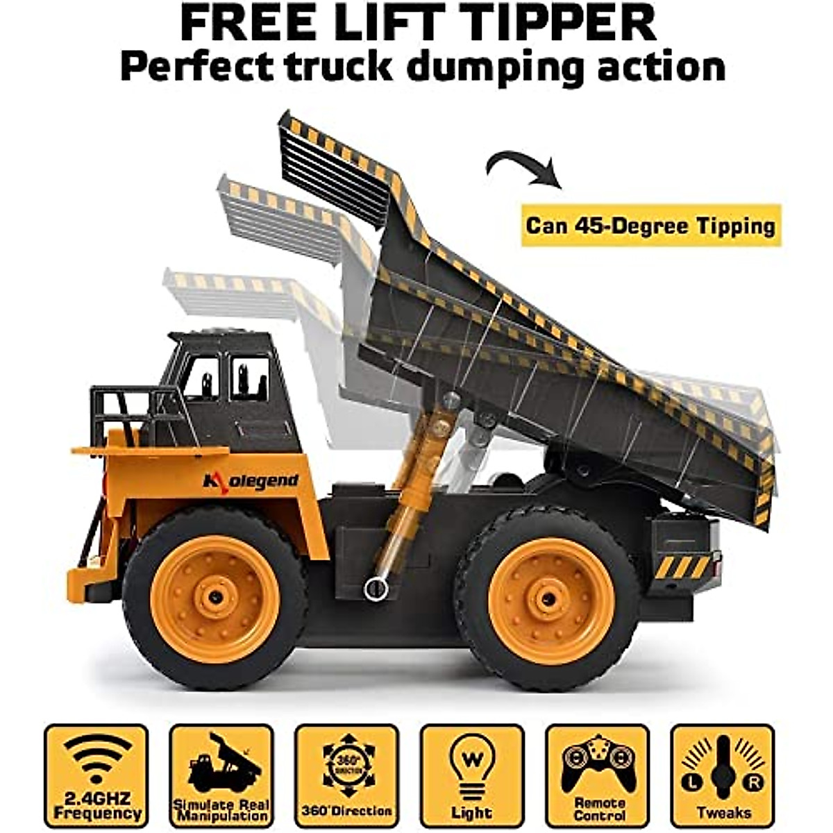kolegend Remote Control Dump Truck RC Truck Construction Vehicle Truck Toys with Rechargeable Battery for Toddlers Kids Boys and Girls
