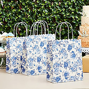 Sparkle and Bash 24 Pack Floral Gift Bags with Handles, Medium Size, All Occasion Blue Rose Flowers (10 x 8 x 4 In)