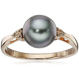 Amazon Collection Rose Gold with Diamond Over Silver 8-9mm Round Black Tahitian Cultured Pearl Ring, Size7