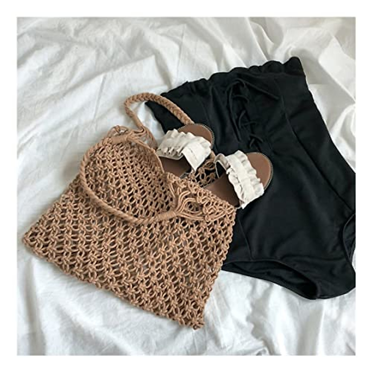 TKFDC Summer Beach Bucket Cotton Hollow Out Casual Solid Hollow Out Soft High-Capacity Shoulder Bag Handbag (Color : E, Size : 1)