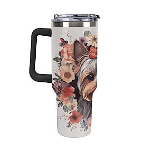 WYUSPGK 40oz Stainless Steel Car Mug, Yorkie Floral Print Travel Mug, Double-Wall Insulated with Straw, Perfect for Car, Office, Outdoor