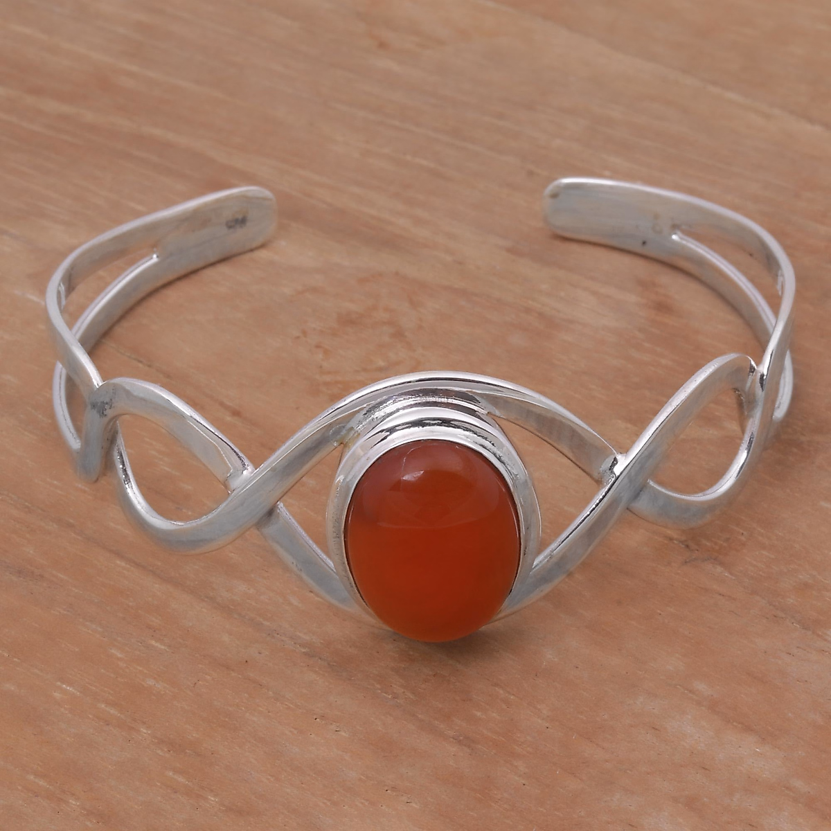NOVICA Artisan Carnelian Cuff Bracelet and Sterling Silver from Indonesia Red Flame Birthstone [6 in L (end to End) x 1.1 in W] ' Dna in Scarlet'