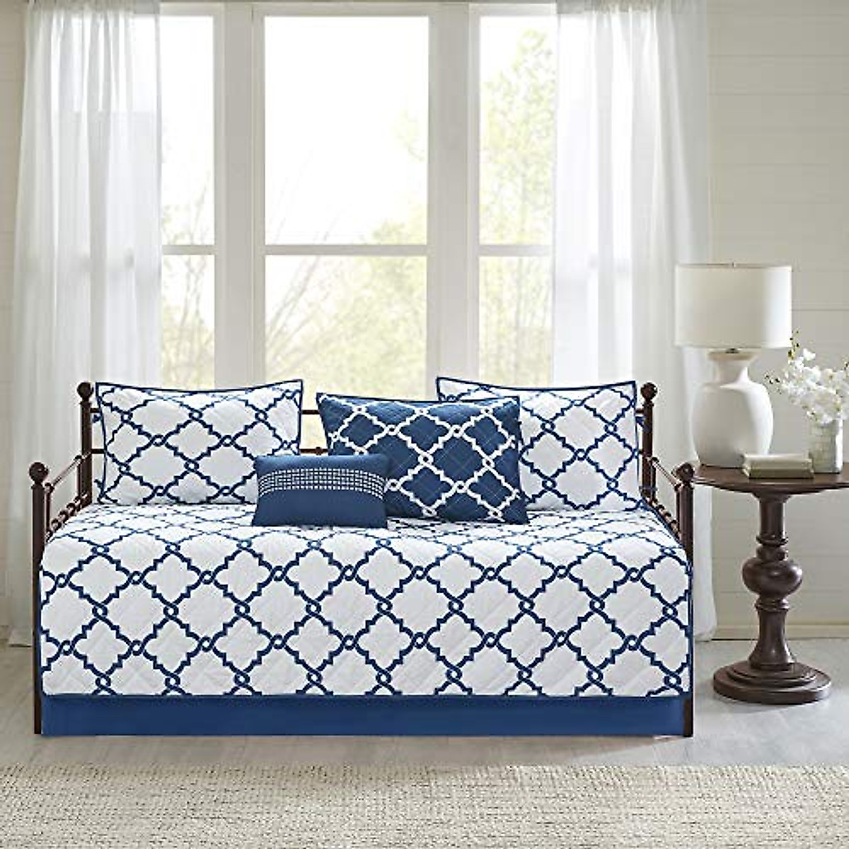 Madison Park Essentials Merritt Reversible Daybed Cover-Fretwork Print, Diamond Quilting All Season Cozy Bedding with Bedskirt, Matching Shams, Decorative Pillow, 75"x39", Navy 6 Piece