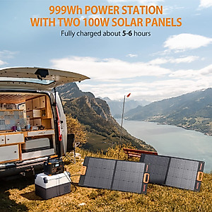 GRECELL 1000W Portable Power Station With 2x 100W Solar Panels, 999Wh Backup Lithium Battery, Pure Sine Wave AC Outlet, 60W PD Quick Charge Solar Generator Set for Outdoor Emergency Camping Travel