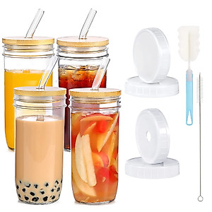 RENYIH 4 Pack 24oz Glass Cups with Bamboo Lids & Glass Boba Straws & 2 Airtight Lids - Reusable Glass Boba Cup, Iced Coffee Glasses,Travel Glass Tumbler for Milkshakes,Juice