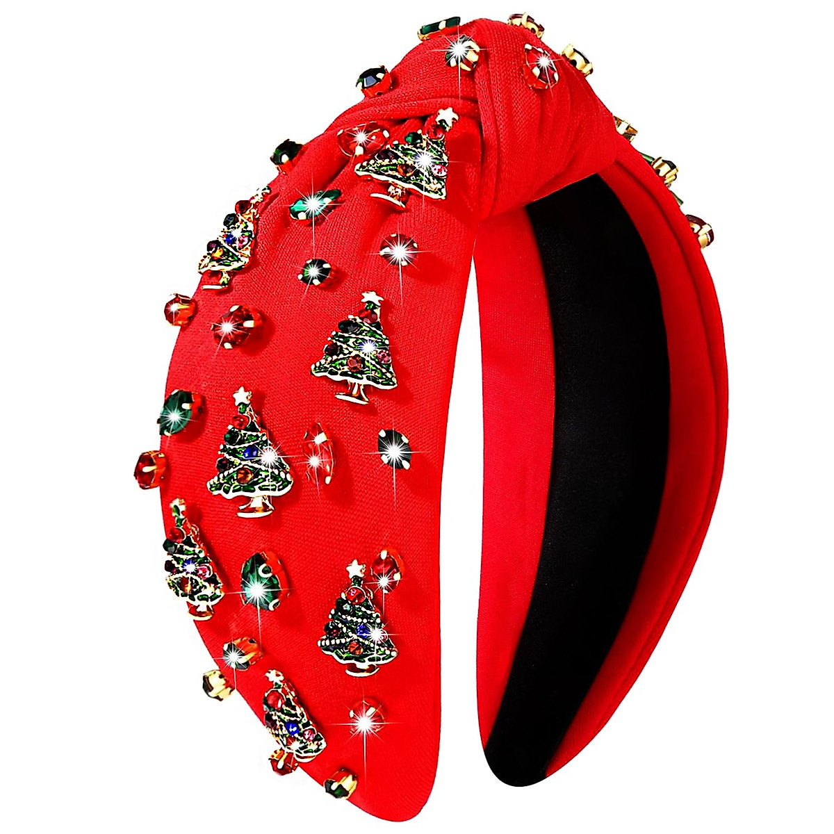 Jeweled Christmas Tree Headband with Embellished Crystals and Pearls - Wide Top Knot Knotted Headbands for Women, Holiday Hair Accessories and Outfits Gift