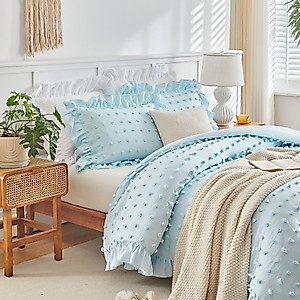 Tufted Dots Ruffle Comforter Set Twin Size, 3 Pieces Blue Ruffled Farmhouse Comforters, Luxury Embroidery Shabby Chic Pom Pom Tufts Boho Bohemian Bedding Set for Kids(1 Comforter + 2 Pillowcases)