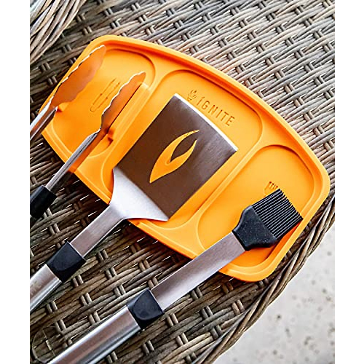 Ignite Silicone Grilling Trivet is a 100% Nonslip Silicone Tool That Holds Tongs, Spatula & BASTING Brush preventing Them from Contamination on The grill's Surface and Also Keeps Your Grill Clean.