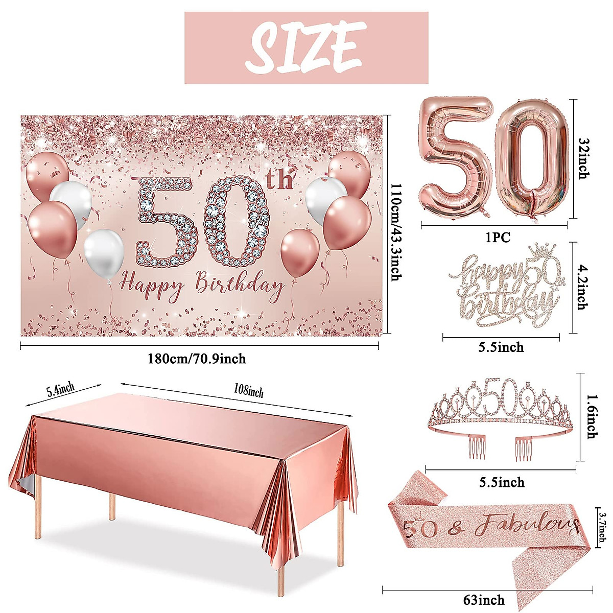 Trgowaul 50th Birthday Decorations Party Set for Women, Rose Gold 50 Birthday Banner and Tablecloth, 50th Fabulous Sash and Tiara, 1PC Happy 50th Birthday Cake Topper, Pink Gold 50 Number Balloons