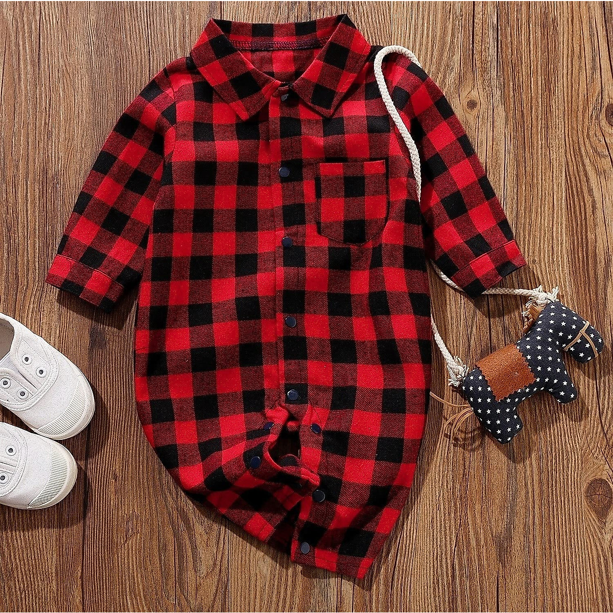 AGQT Toddler Boys Christmas Romper Red Plaid Suit Long Sleeve Xmas T-Shirt Jumpsuit Gentleman Formal One Piece Bodysuit Outfit (Red and Black Grid, 12-18 Months)
