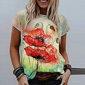 Bravetoshop Womens Plus Size Short Sleeve Loose T-Shirts Floral Print V Neck Pullover Comfy Tee Shirts Blouse Tops (Green,XXL)