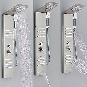 AlenArt Shower Panel Tower System LED Multi-Function Shower Tower Faucet Rainfall Waterfall Shower Head with Massage Jets Stainless Steel Wall Mount in Bathroom,Brushed Nickel