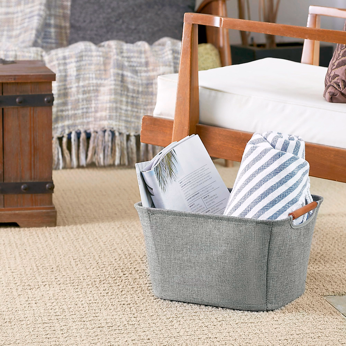 Household Essentials 623 Small Tapered Soft-Side Storage Bin with Wood Handles, Gray, Grey