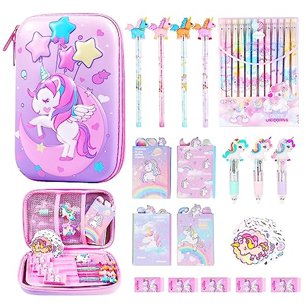 LiYiQ Pencil Case For Girls Boys,Kids Cute Pencil Case Pink Pencil Pouch for Kids,Pens Erasers Non- Sharpening Stackable Pencils Sticky Notes Stickers, Back to School Gifts (Unicorn)