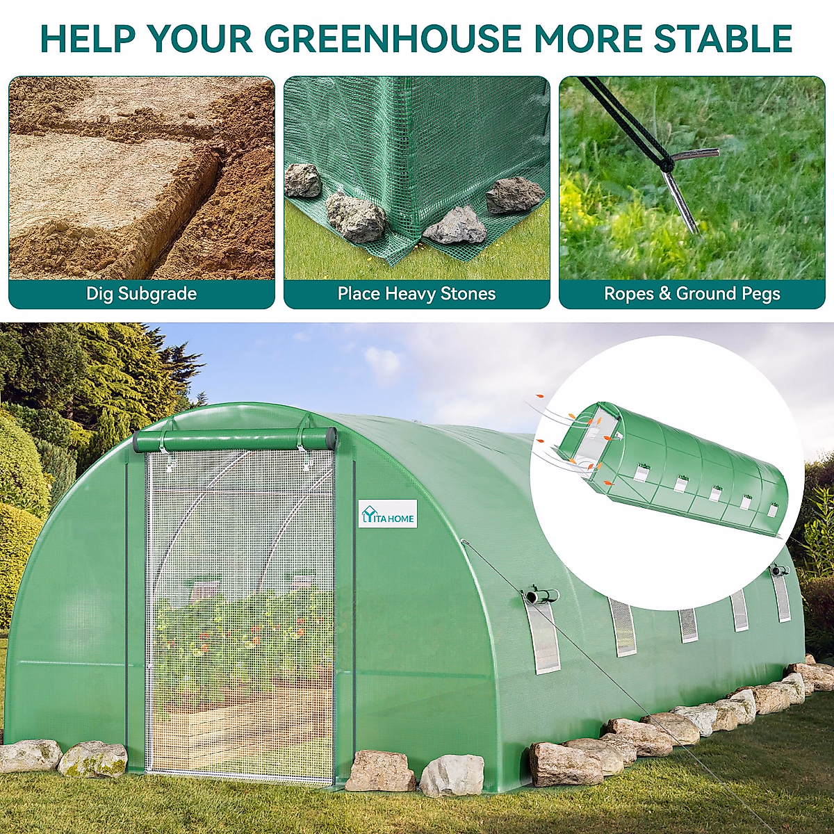 YITAHOME 26x10x6.5ft Greenhouse Large Heavy Duty Tunnel Green Houses Outdoor Plant Gardening Upgraded Galvanized Steel Frame Zipper Doors 7 Crossbars Garden, Green